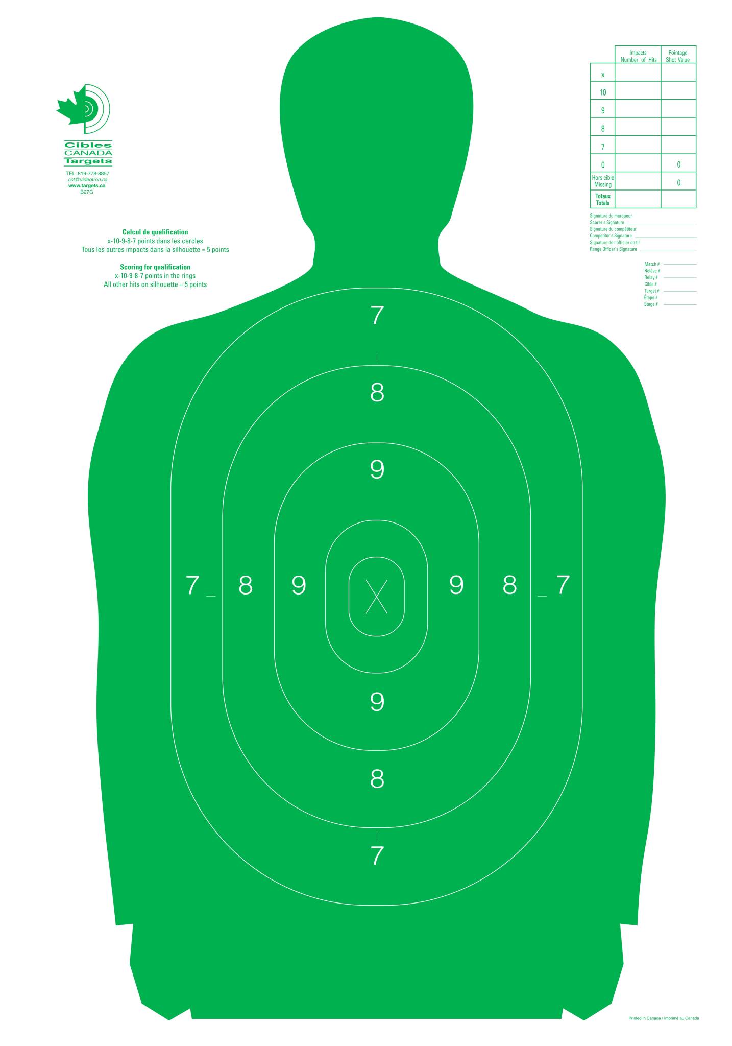 CCT B27 GREEN Full Size Silhouette Targets 28×40” – Cibles Canada Targets
